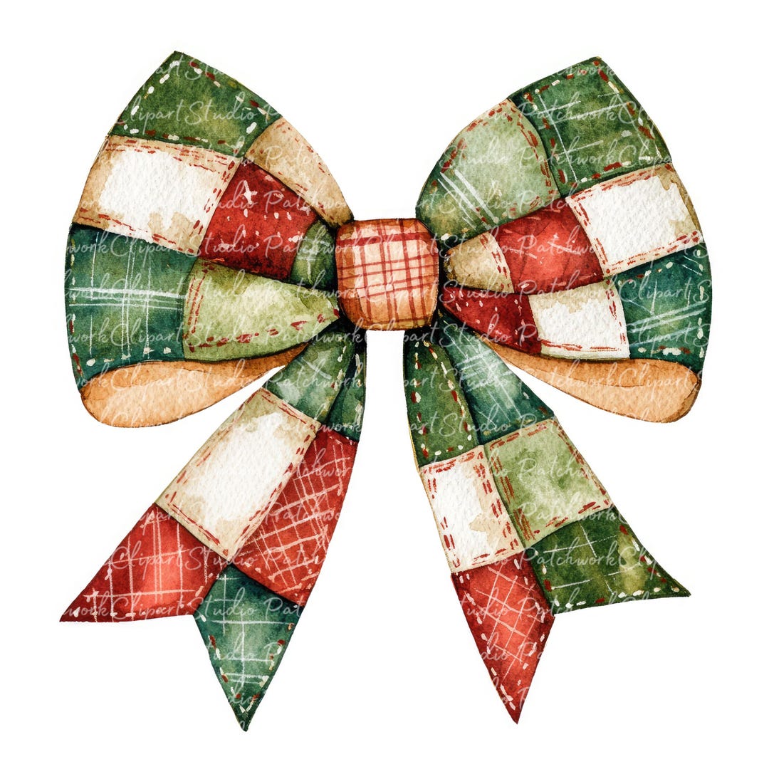 10 Christmas Bow Clipart Bundle, PNG & JPG Printable Patchwork Festive ...