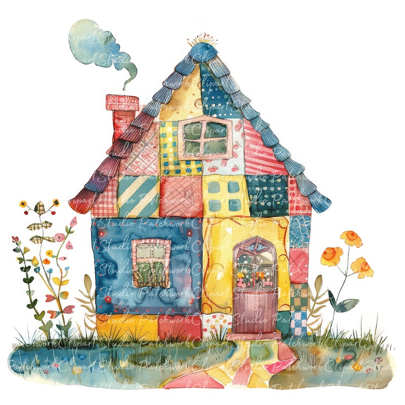 10 Houses Clipart Bundle, Printable Patchwork House, Quilted Fabric ...