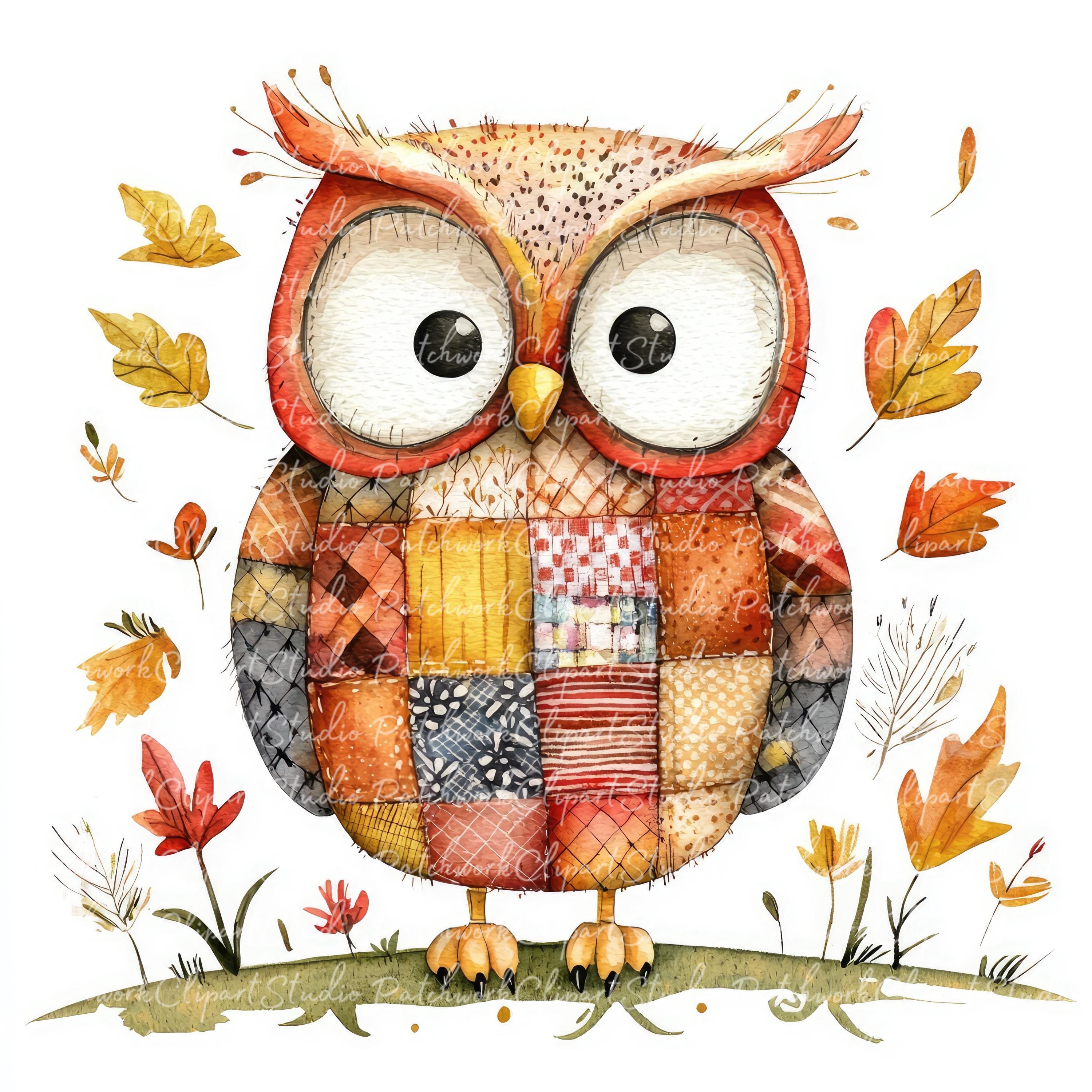 10 Autumn Owl Clipart Bundle, PNG & JPG, Printable Patchwork, Owl in ...