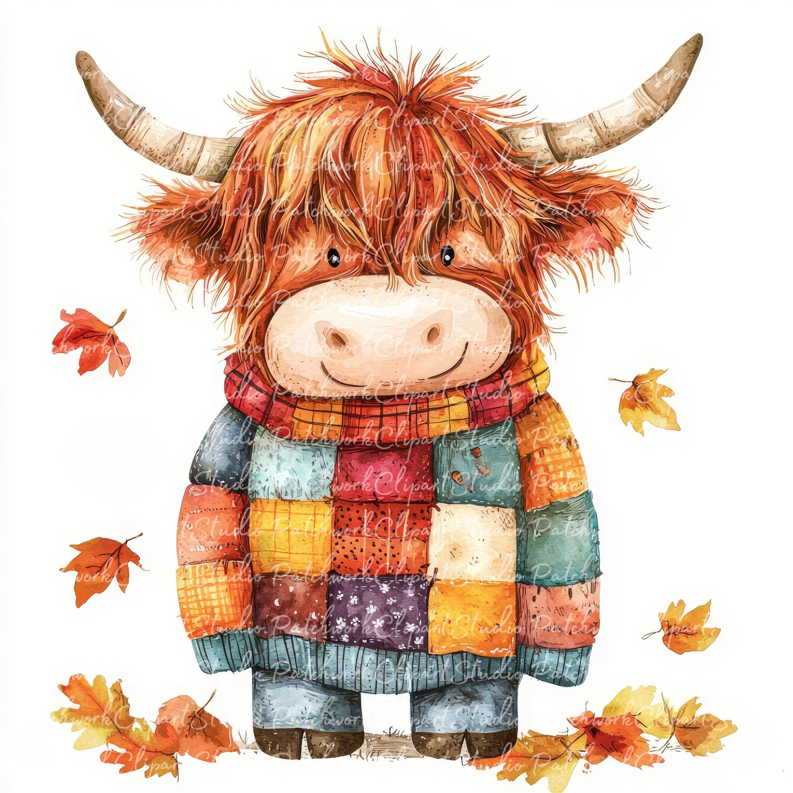 10 Autumn Highland Cow Clipart Bundle, PNG & JPG, Printable Patchwork ...