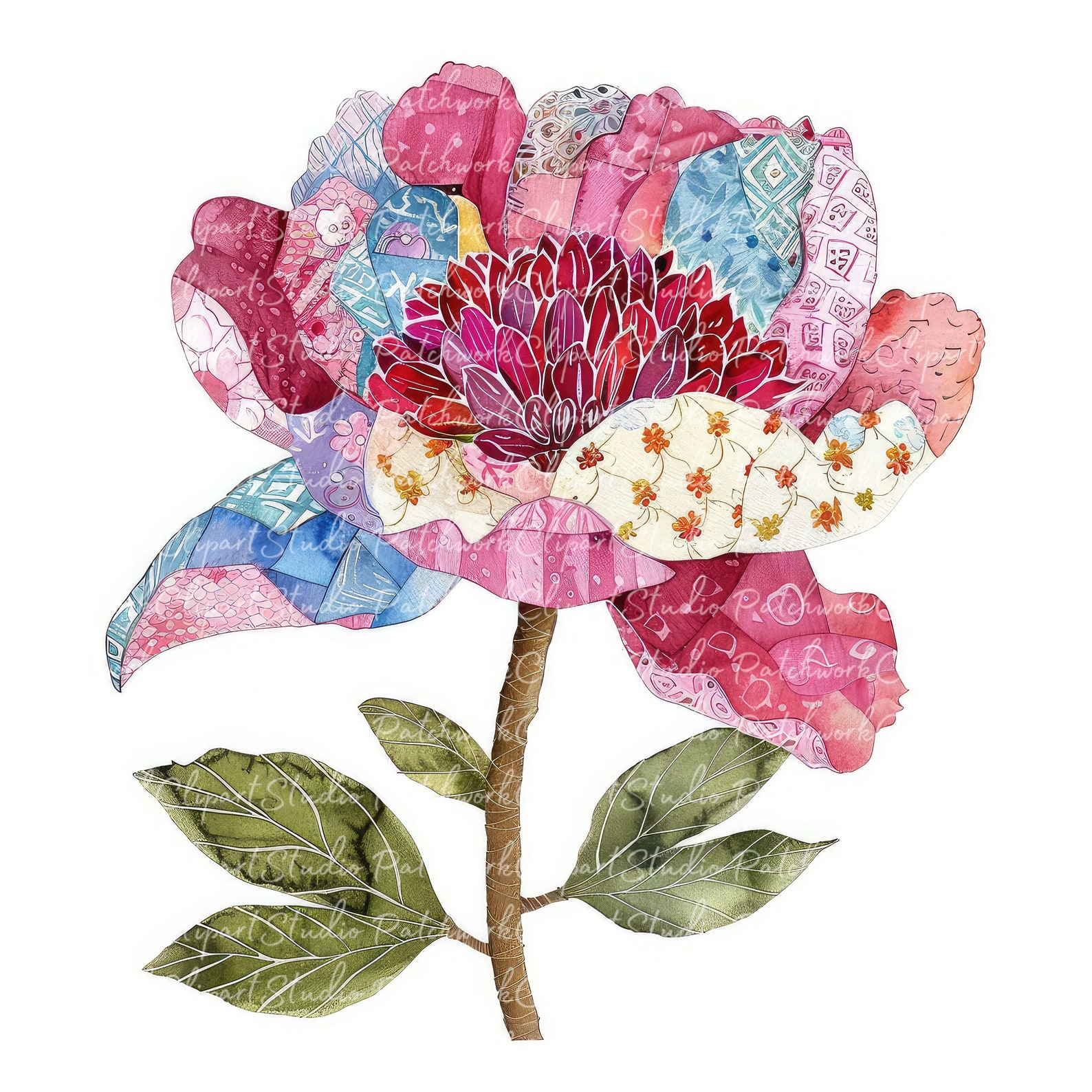 10 Peonies Clipart Bundle, PNG & JPG, Printable Patchwork Peony ...