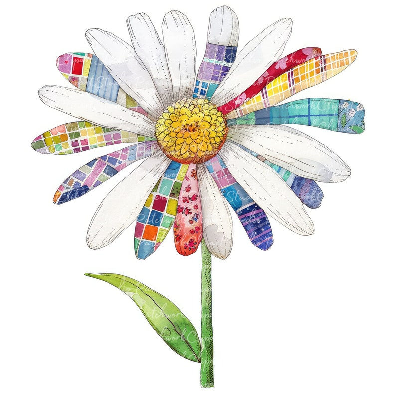 10 Daisies Clipart Bundle, PNG & JPG, Printable Patchwork Daisy ...