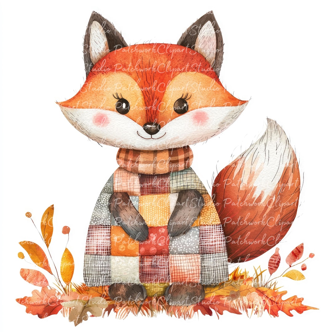 10 Autumn Fox Clipart Bundle, PNG & JPG, Printable Patchwork, Fox in ...