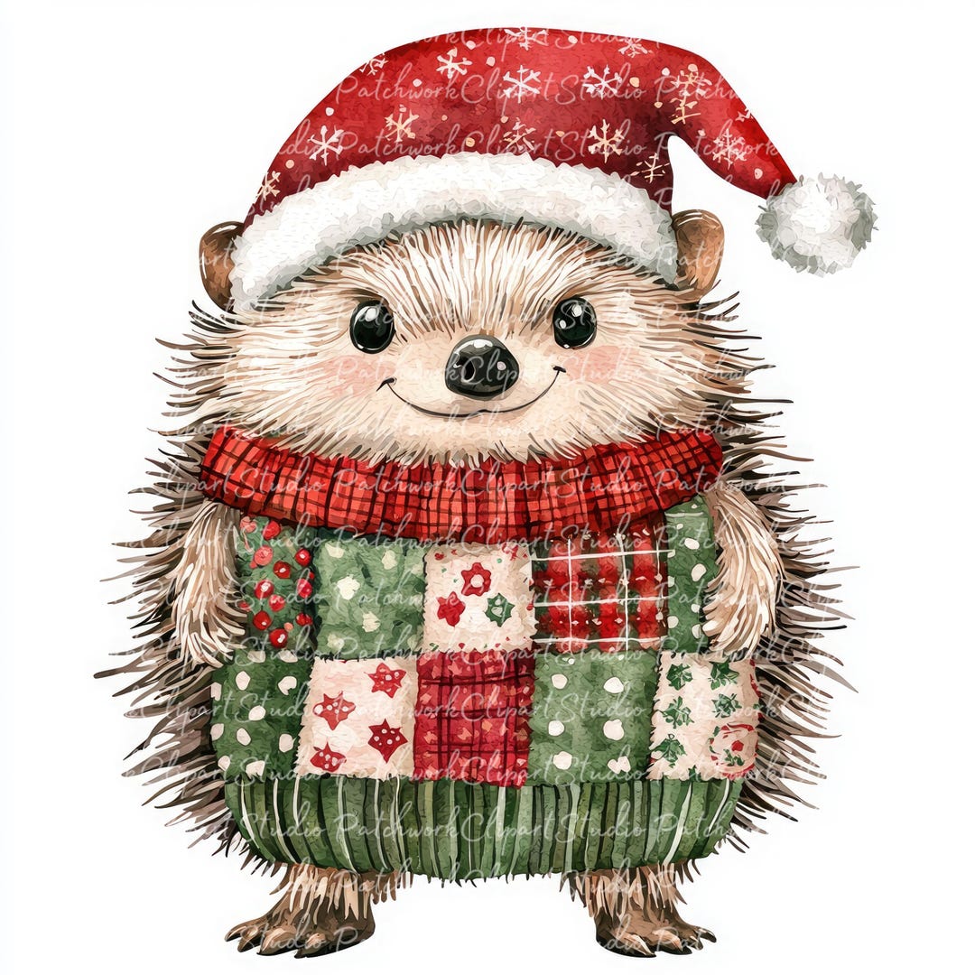 10 Christmas Hedgehog Clipart Bundle, PNG & JPG, Printable Patchwork ...