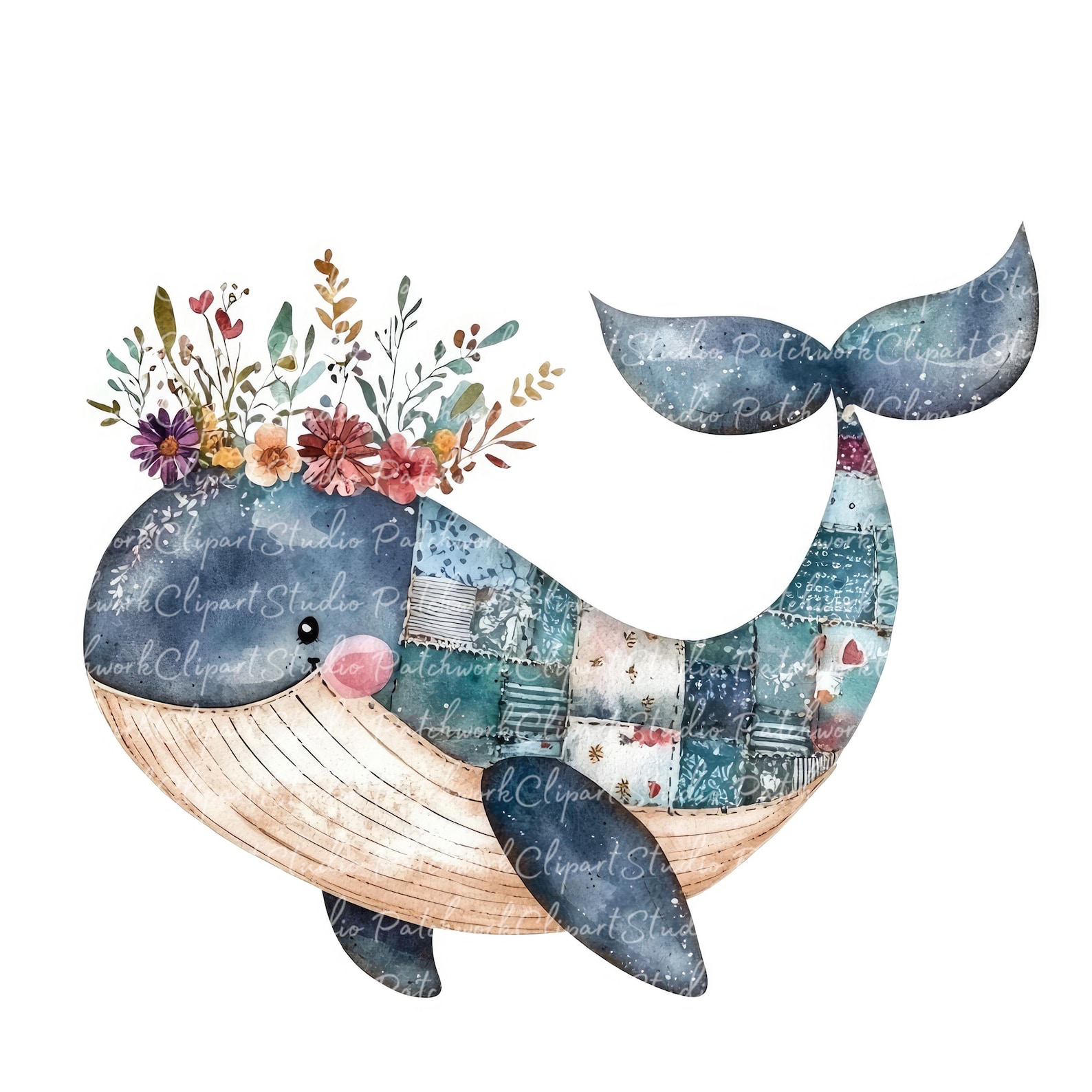 10 Floral Whale Clipart Bundle, PNG & JPG, Printable Patchwork Whale ...