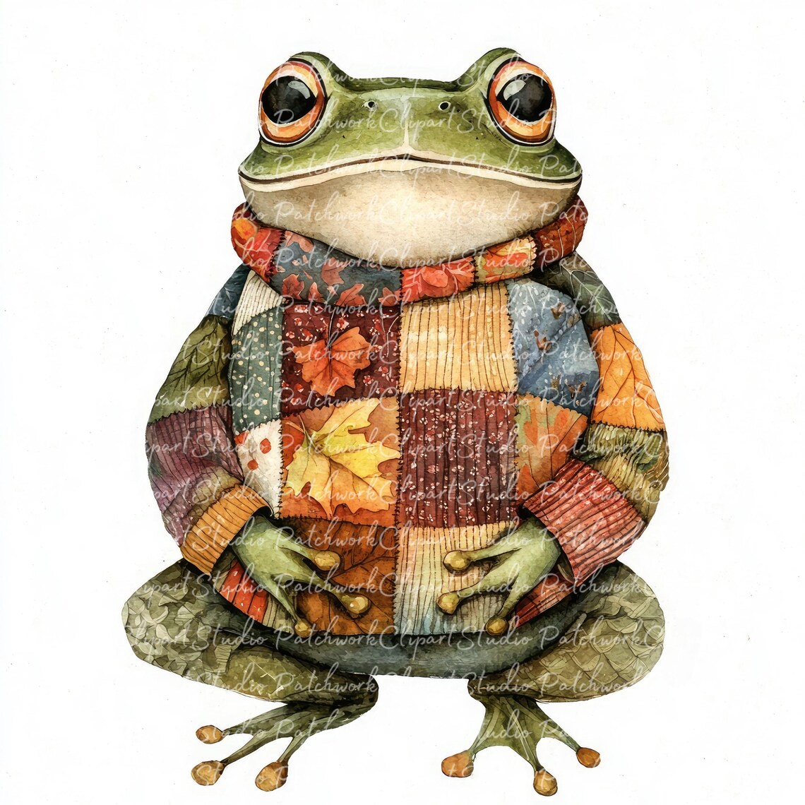 10 Autumn Frog Clipart Bundle, PNG & JPG, Printable Patchwork, Frog in ...