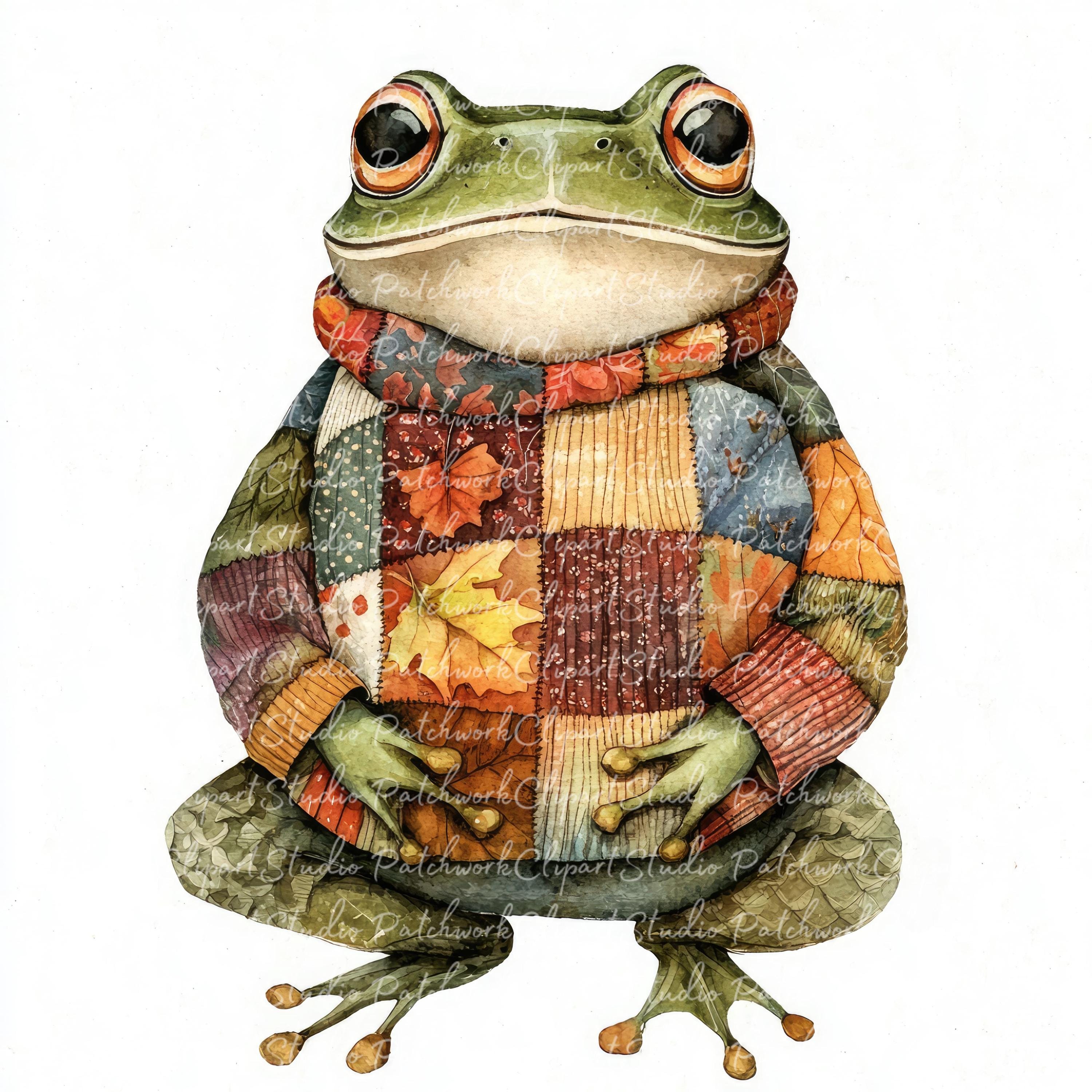 10 Autumn Frog Clipart Bundle, PNG & JPG, Printable Patchwork, Frog in ...