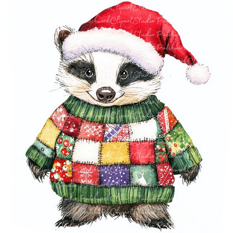 10 Christmas Badger Clipart Bundle, PNG & JPG, Printable Patchwork ...