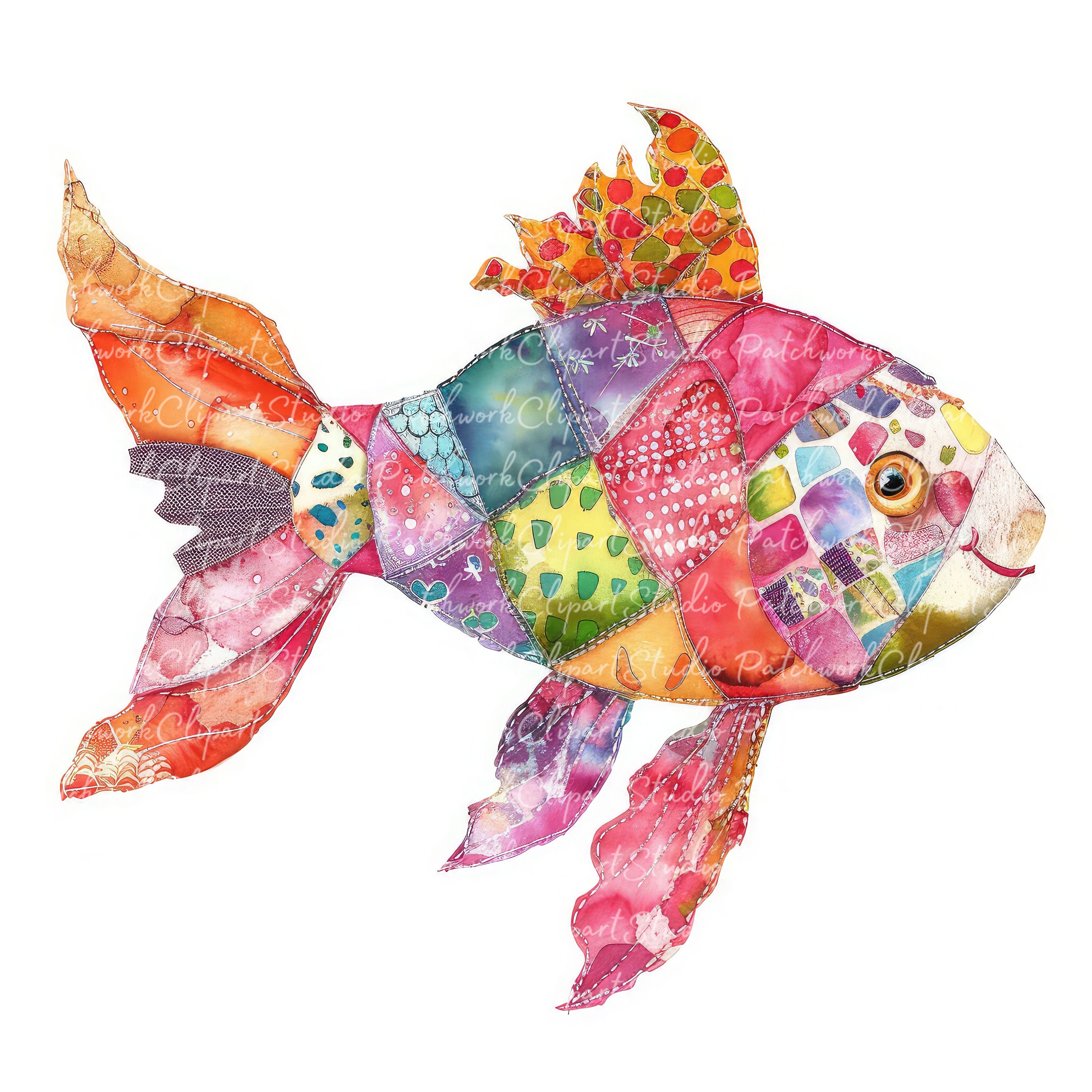 10 Fish Clipart Bundle, PNG & JPG, Printable Patchwork Fish ...