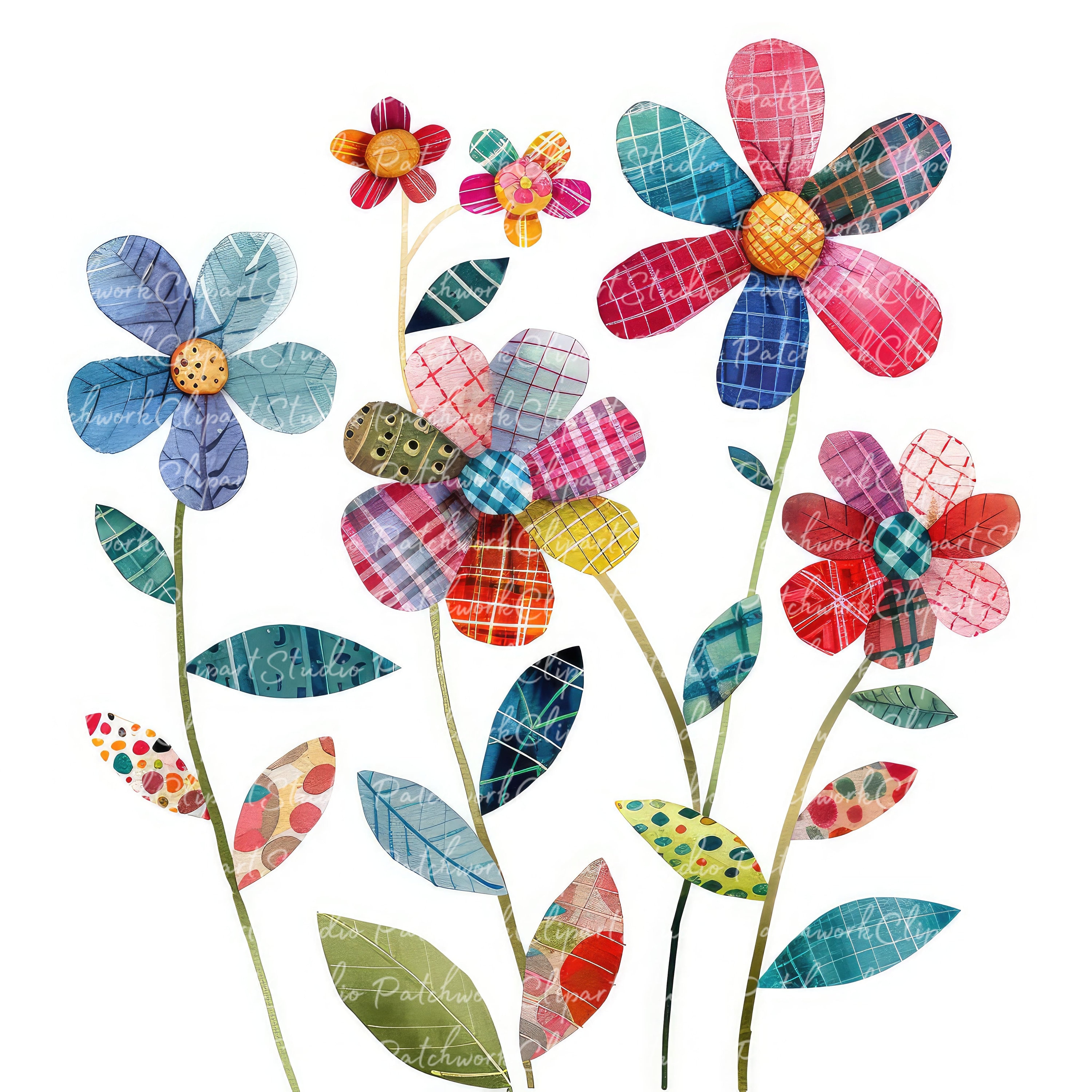 10 Flowers Clipart Bundle, PNG & JPG, Printable Patchwork Flower ...