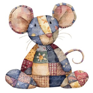 10 Mice Clipart Bundle, Printable Patchwork Mouse, Quilted Fabric ...