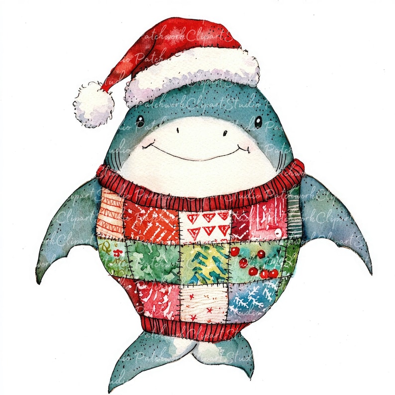 10 Christmas Shark Clipart Bundle, PNG & JPG, Printable Patchwork ...