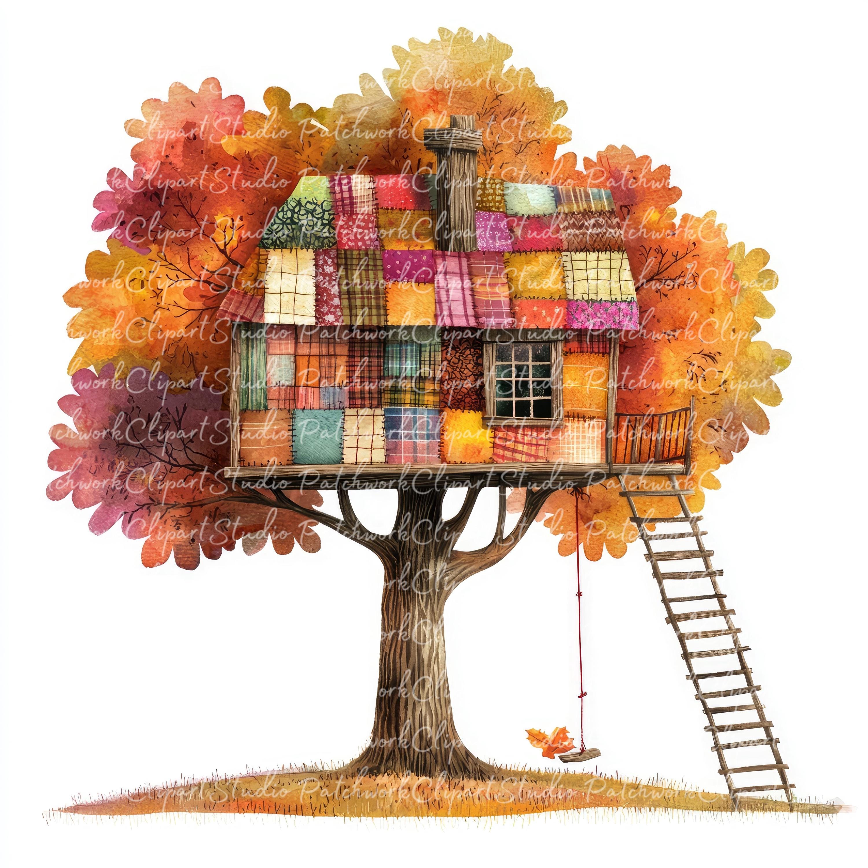 10 Autumn Tree House Clipart Bundle, JPG & PNG, Printable Patchwork ...