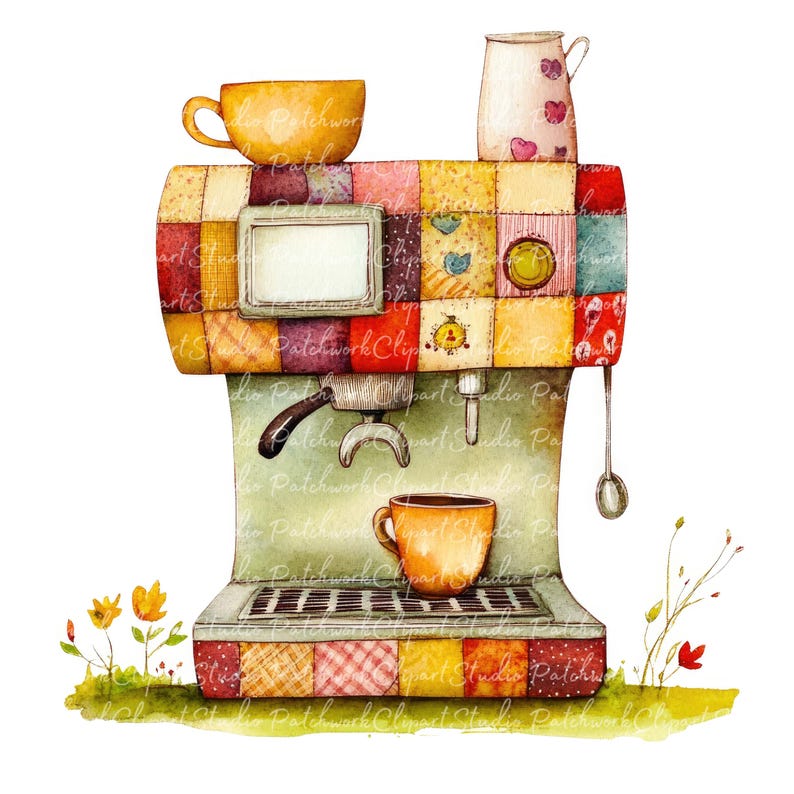 10 Coffee Machine Clipart Bundle, PNG & JPG, Printable Patchwork Coffee ...
