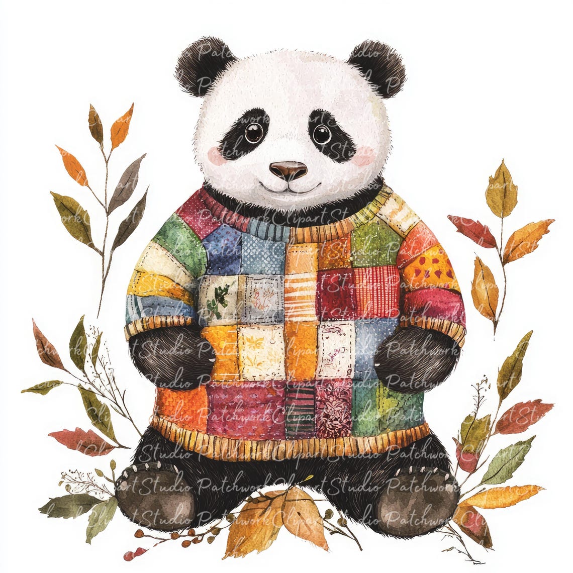 10 Autumn Panda Clipart Bundle, PNG & JPG, Printable Patchwork, Panda ...