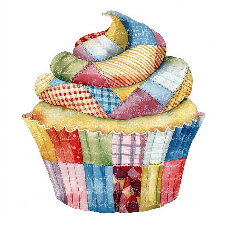 10 Cupcakes Clipart Bundle, PNG & JPG, Printable Patchwork Cupcake, Illustrations, Digital ...