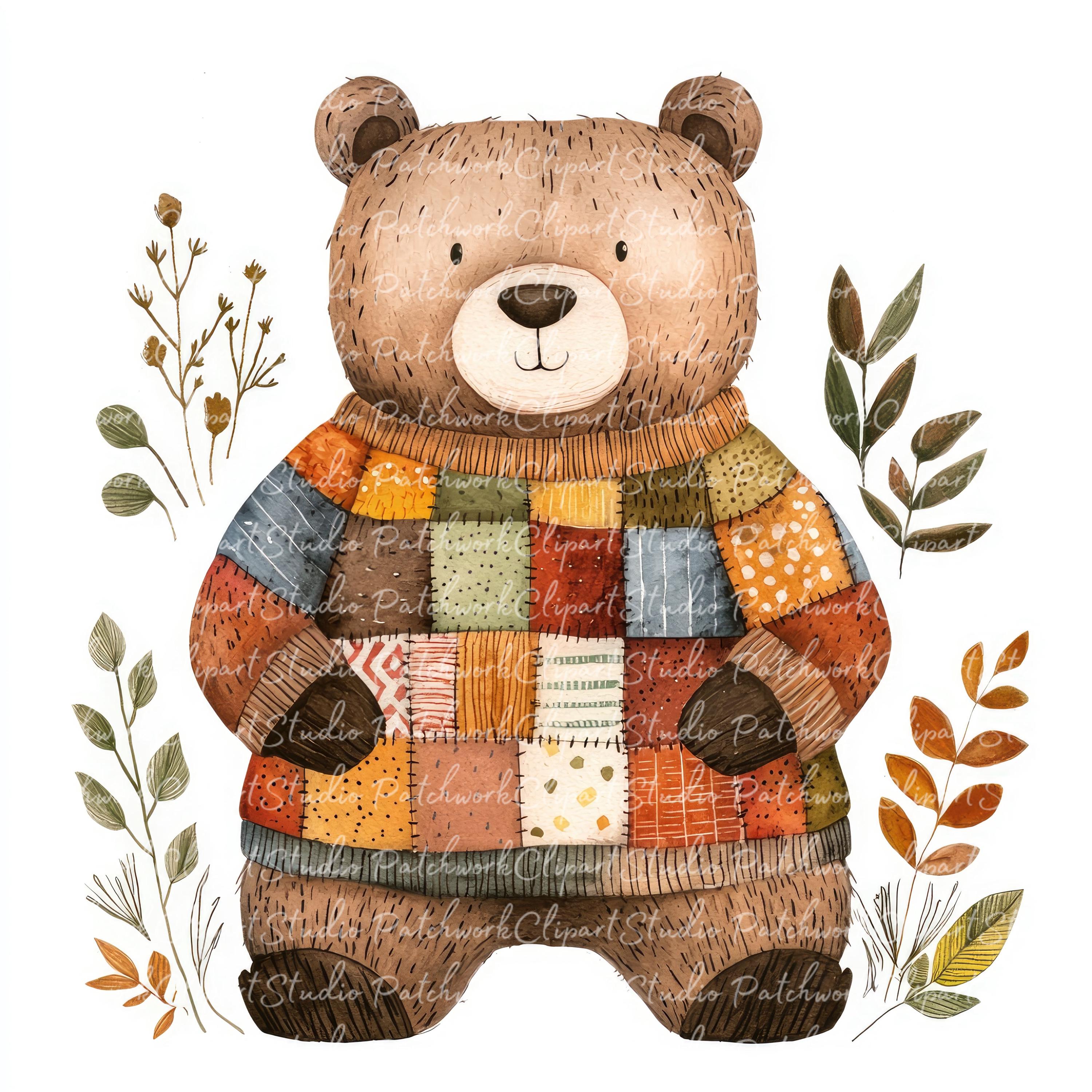10 Autumn Bear Clipart Bundle, PNG & JPG, Printable Patchwork, Bear in ...