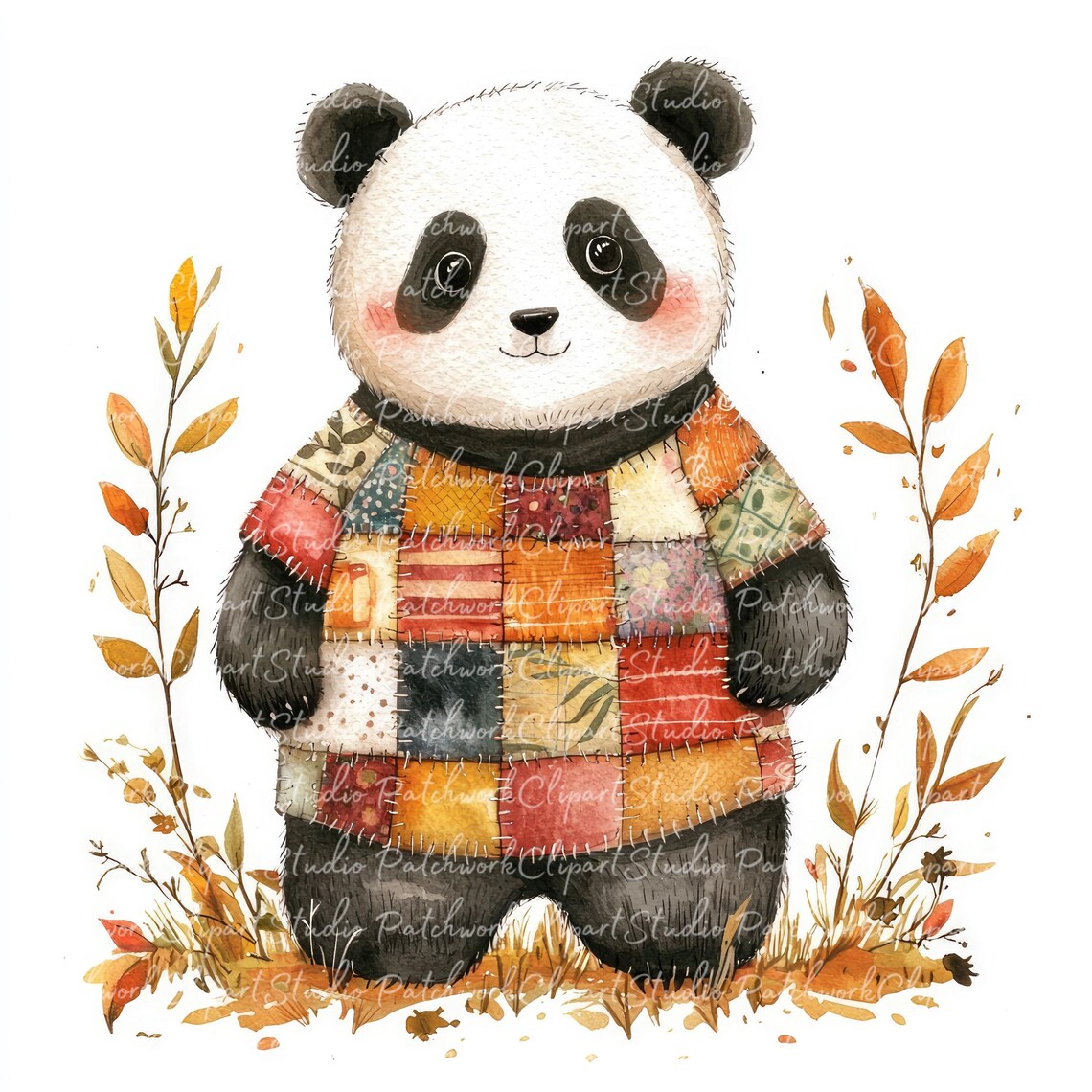 10 Autumn Panda Clipart Bundle, PNG & JPG, Printable Patchwork, Panda ...