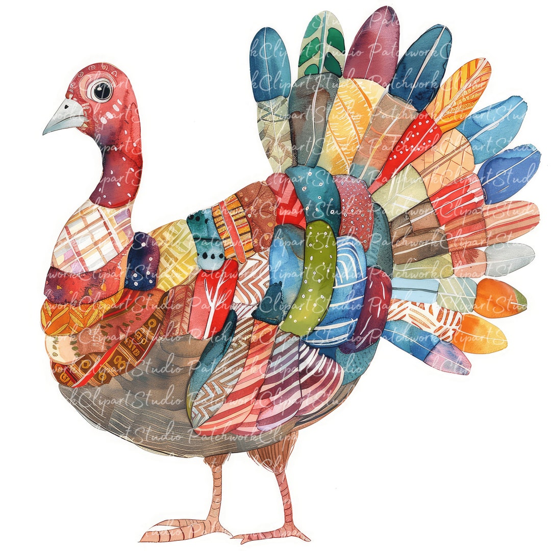 10 Turkeys Clipart Bundle, PNG & JPG, Printable Patchwork Turkey, Illustrations, Digital ...