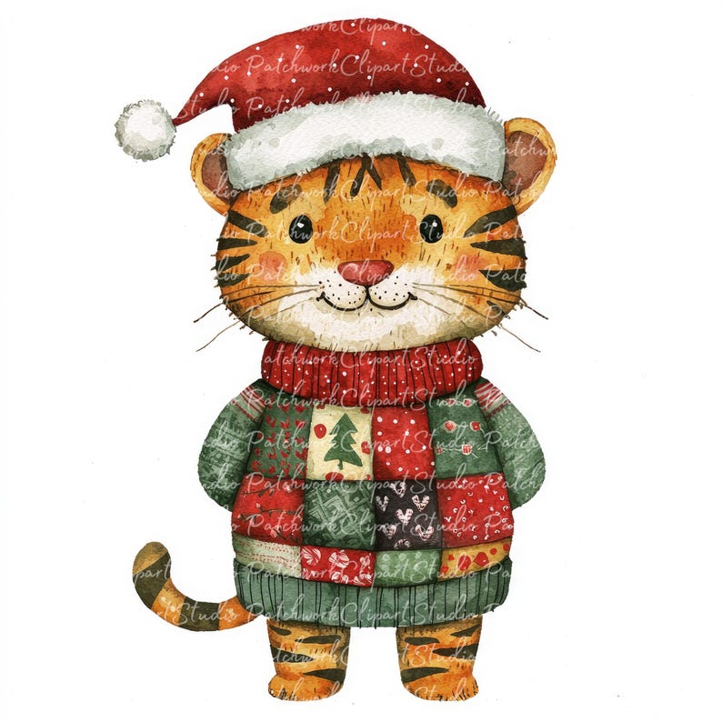 10 Christmas Tiger Clipart Bundle, PNG & JPG, Printable Patchwork, XMAS ...