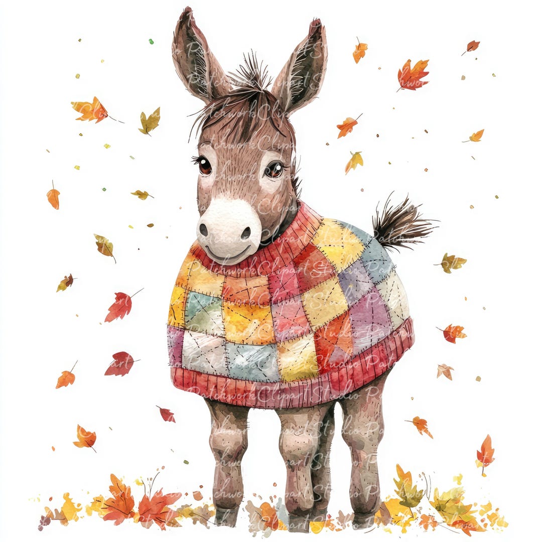 10 Autumn Donkey Clipart Bundle, PNG & JPG, Printable Patchwork, Donkey ...