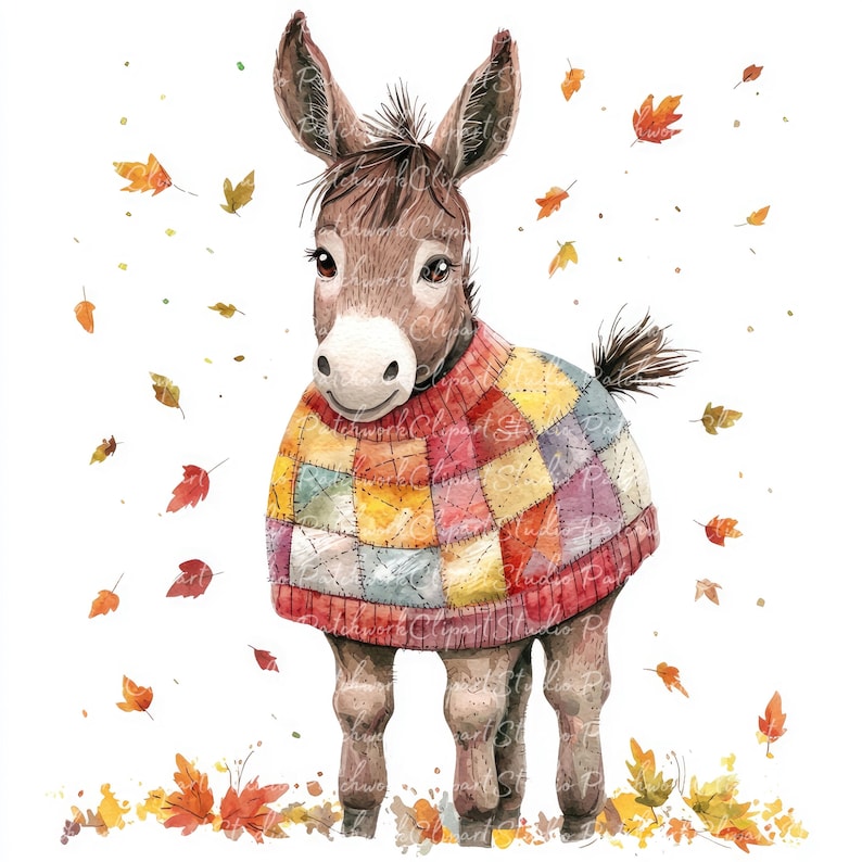 10 Autumn Donkey Clipart Bundle, PNG & JPG, Printable Patchwork, Donkey ...