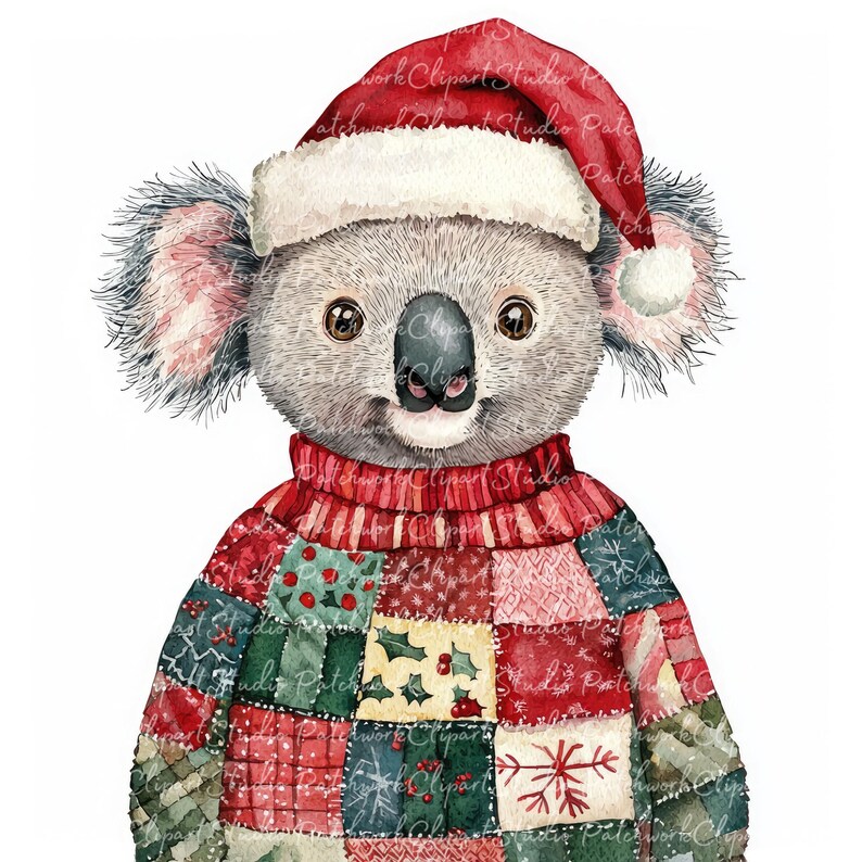 10 Christmas Koala Clipart Bundle, PNG & JPG, Printable Patchwork, XMAS ...