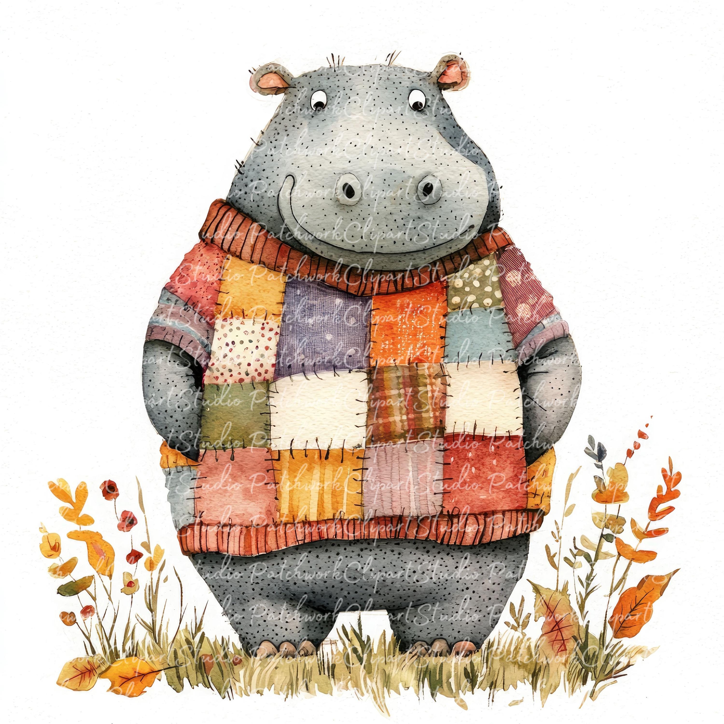 10 Autumn Hippo Clipart Bundle, PNG & JPG, Printable Patchwork, Hippo ...
