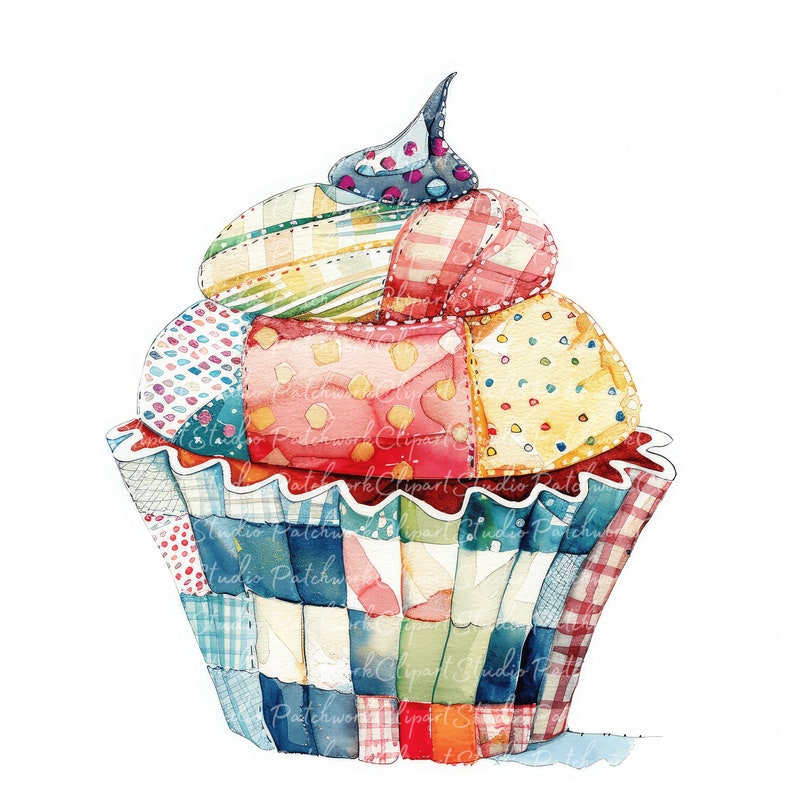 10 Cupcakes Clipart Bundle, PNG & JPG, Printable Patchwork Cupcake, Illustrations, Digital ...