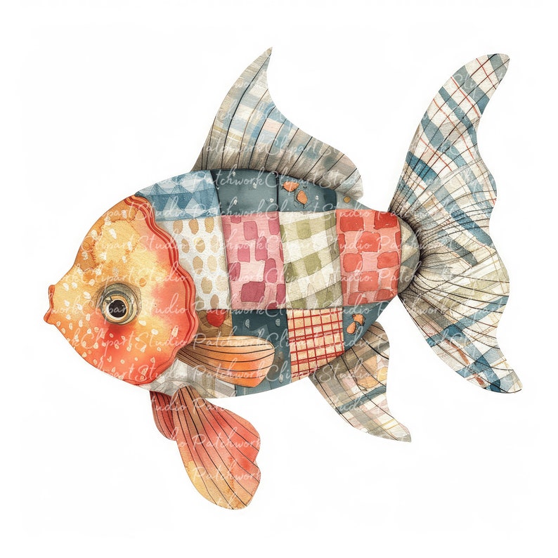 10 Goldfish Clipart Bundle, PNG & JPG, Printable Patchwork Fish ...