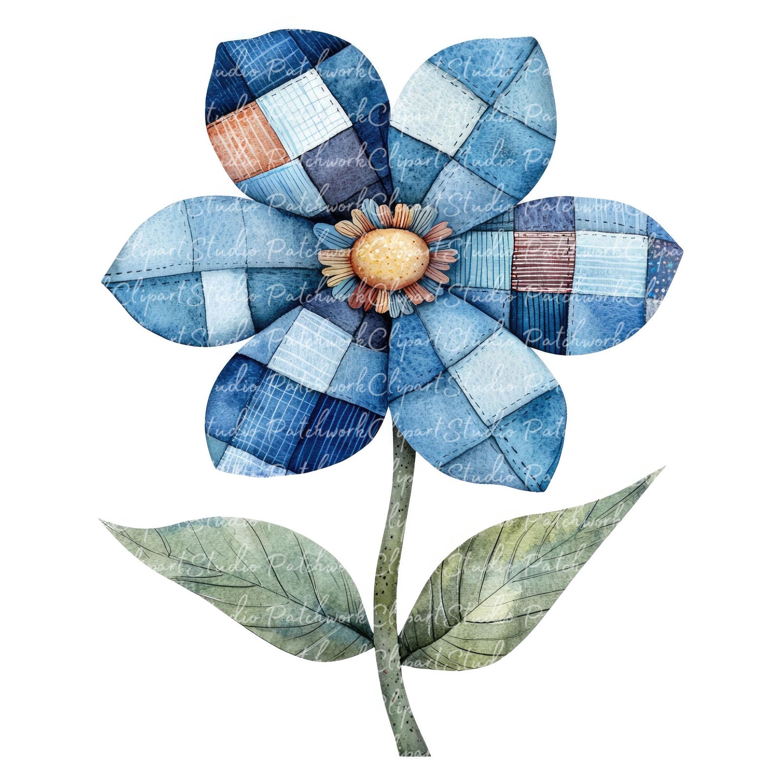 10 Winter Flower Clipart Bundle, PNG & JPG, Printable Patchwork Blue ...