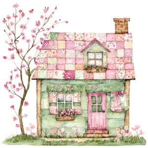 10 Spring House Clipart Bundle, PNG & JPG, Printable Patchwork, Pink ...