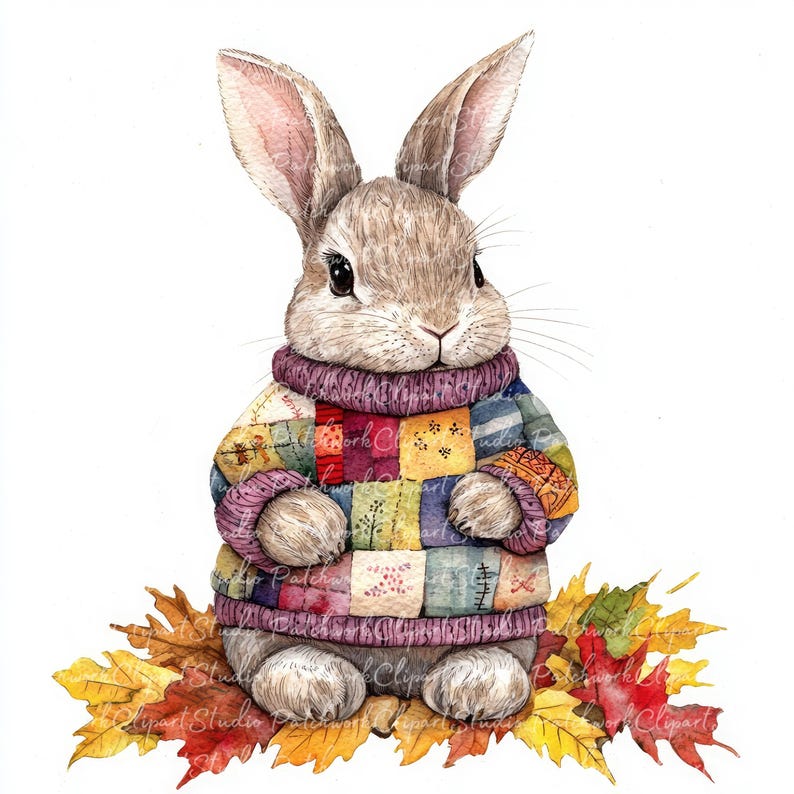 10 Autumn Rabbit Clipart Bundle, PNG & JPG, Printable Patchwork, Rabbit ...