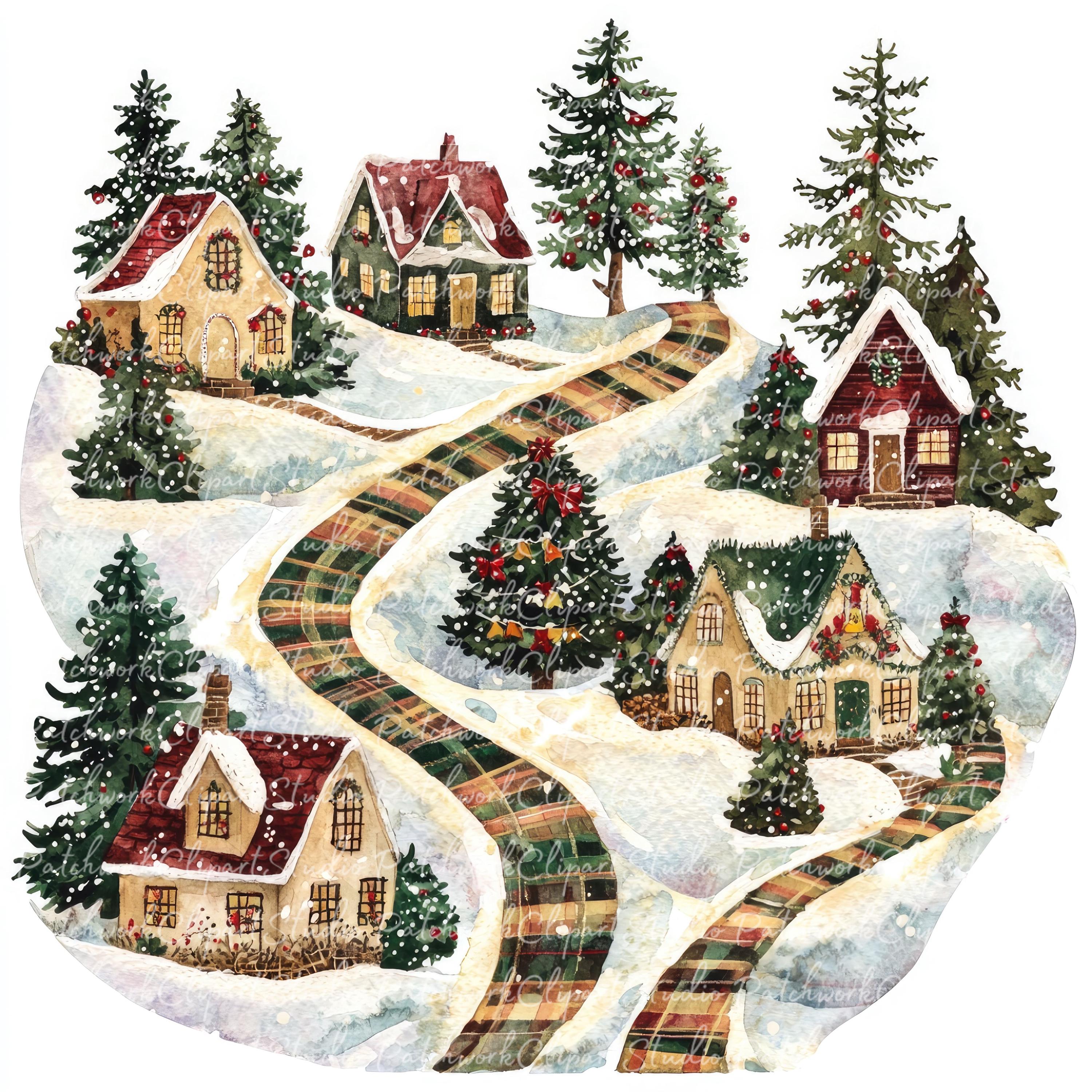 10 Christmas Village Clipart Bundle, PNG & JPG, Printable Patchwork ...
