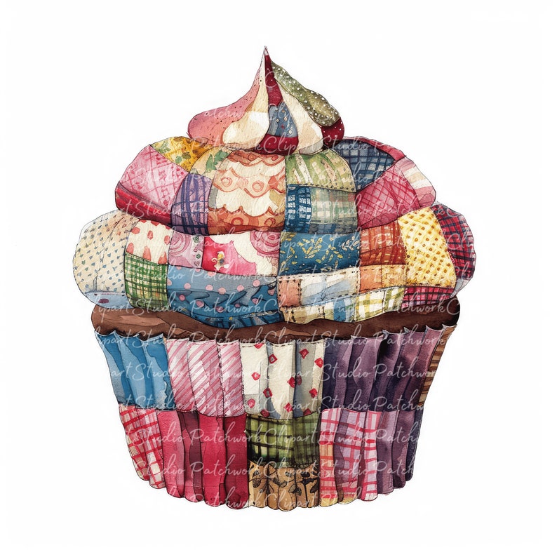 10 Cupcakes Clipart Bundle, Printable Patchwork Cupcake, Quilted Fabric ...