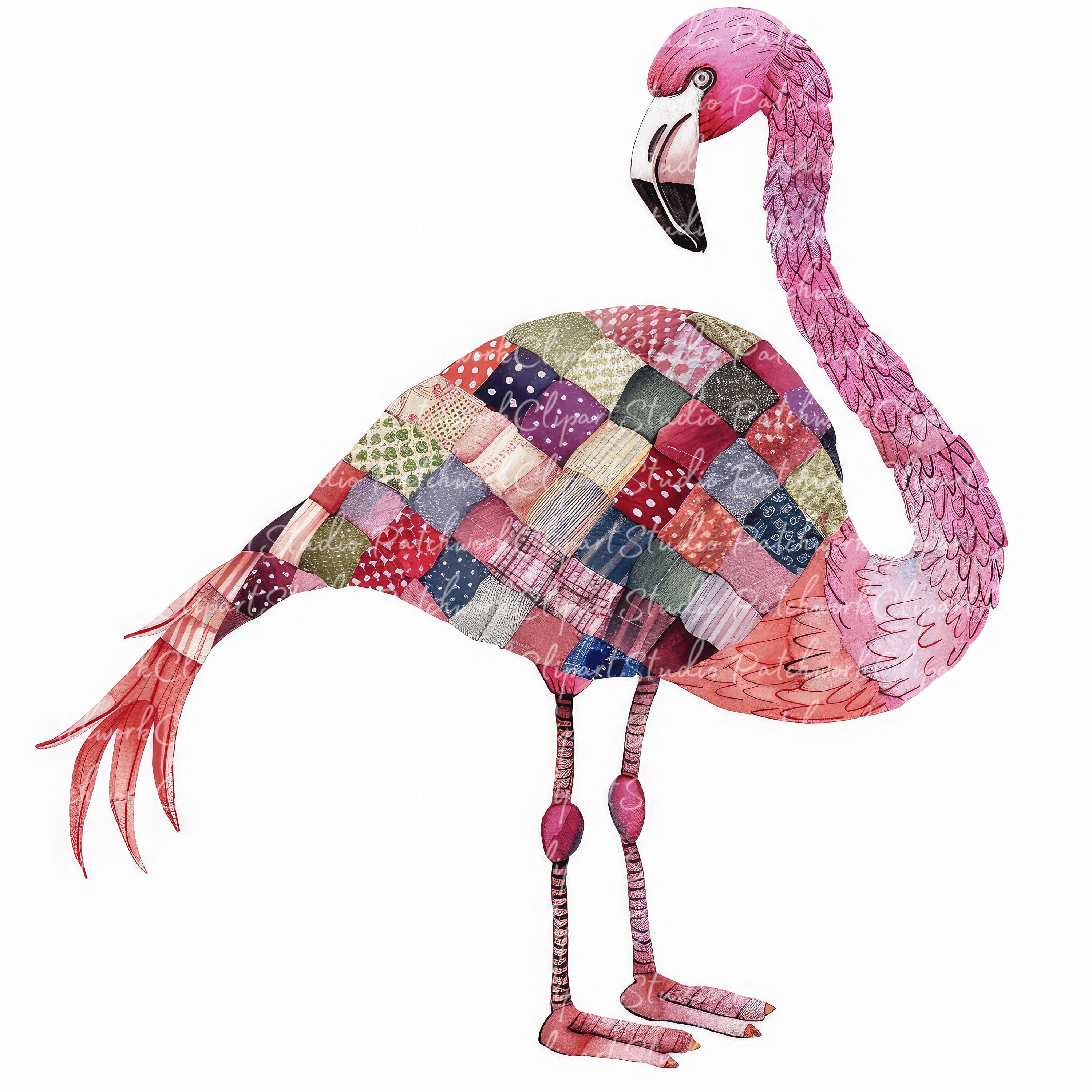 10 Flamingos Clipart Bundle, Printable Patchwork Flamingo, Quilted ...