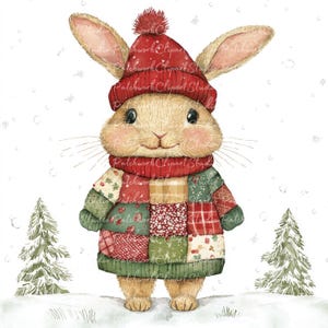10 Christmas Rabbit Clipart Bundle, PNG & JPG, Printable Patchwork ...