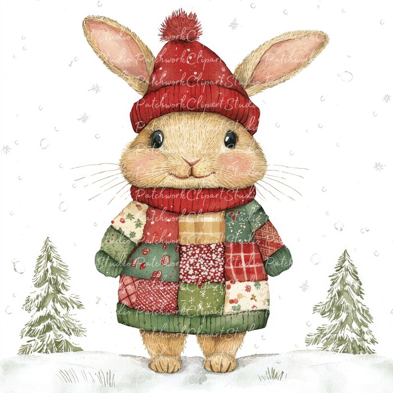 10 Christmas Rabbit Clipart Bundle, PNG & JPG, Printable Patchwork ...