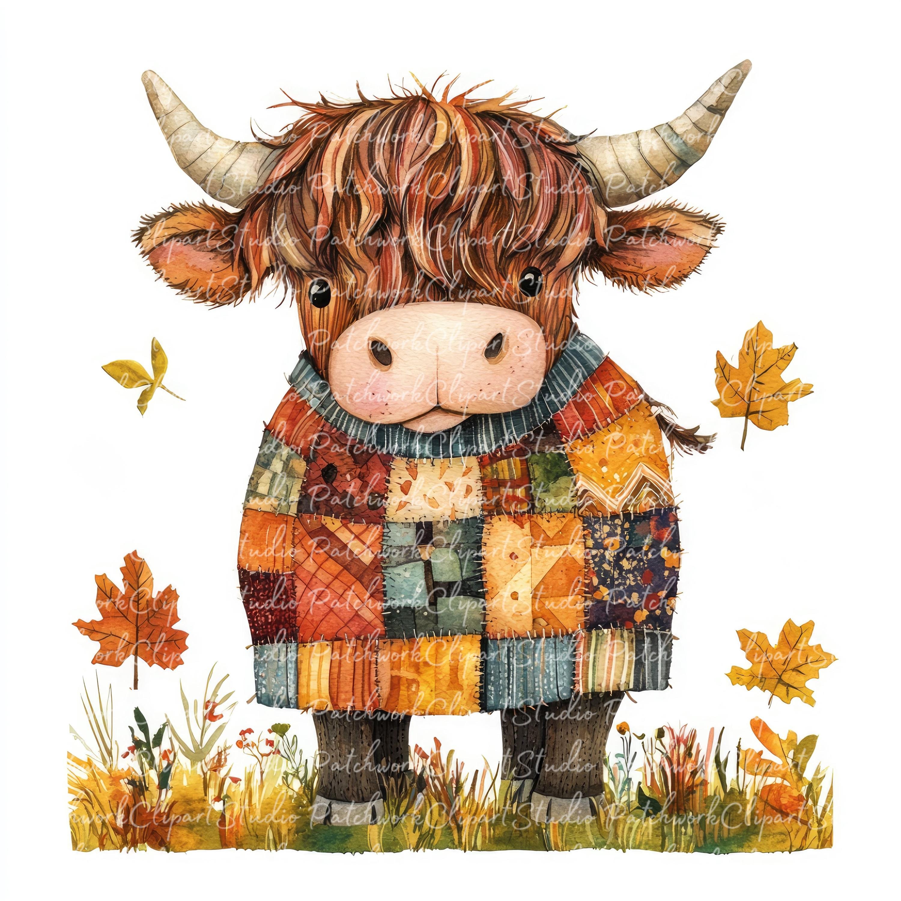 10 Autumn Highland Cow Clipart Bundle, PNG & JPG, Printable Patchwork ...