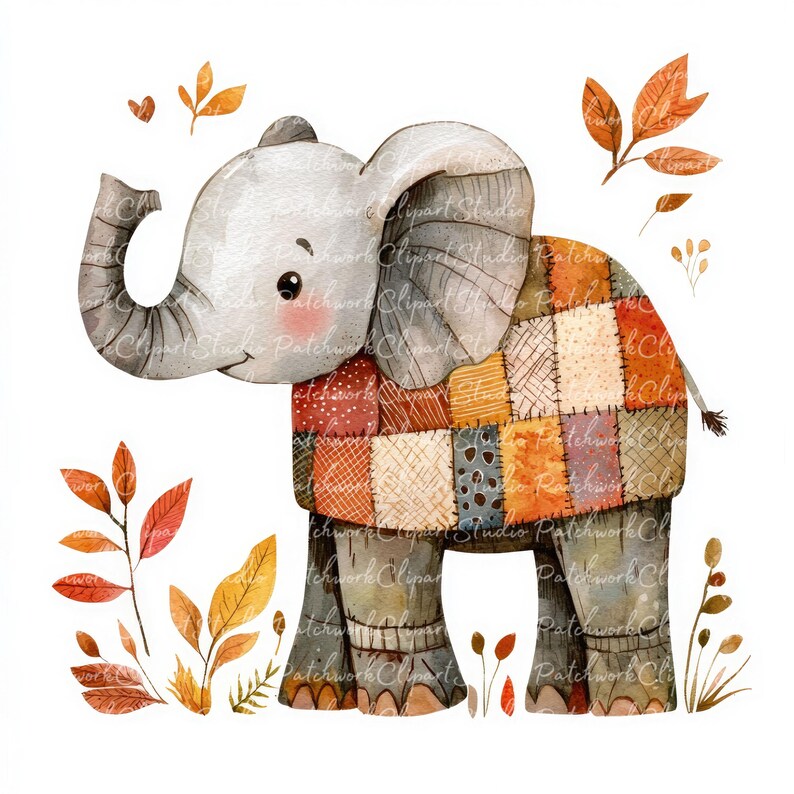 10 Autumn Elephant Clipart Bundle, PNG & JPG, Printable Patchwork ...