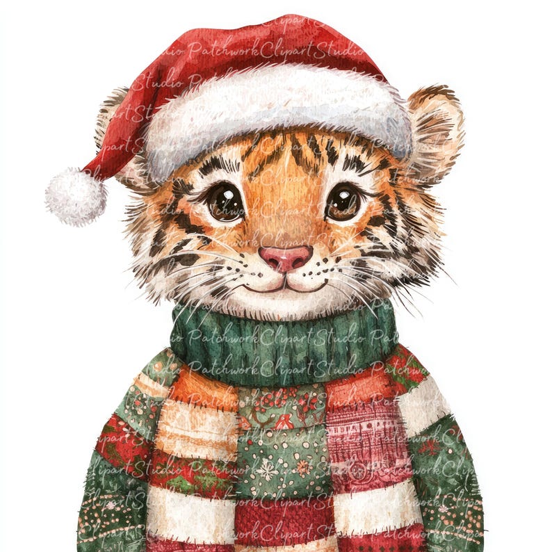 10 Christmas Tiger Clipart Bundle, PNG & JPG, Printable Patchwork, XMAS ...