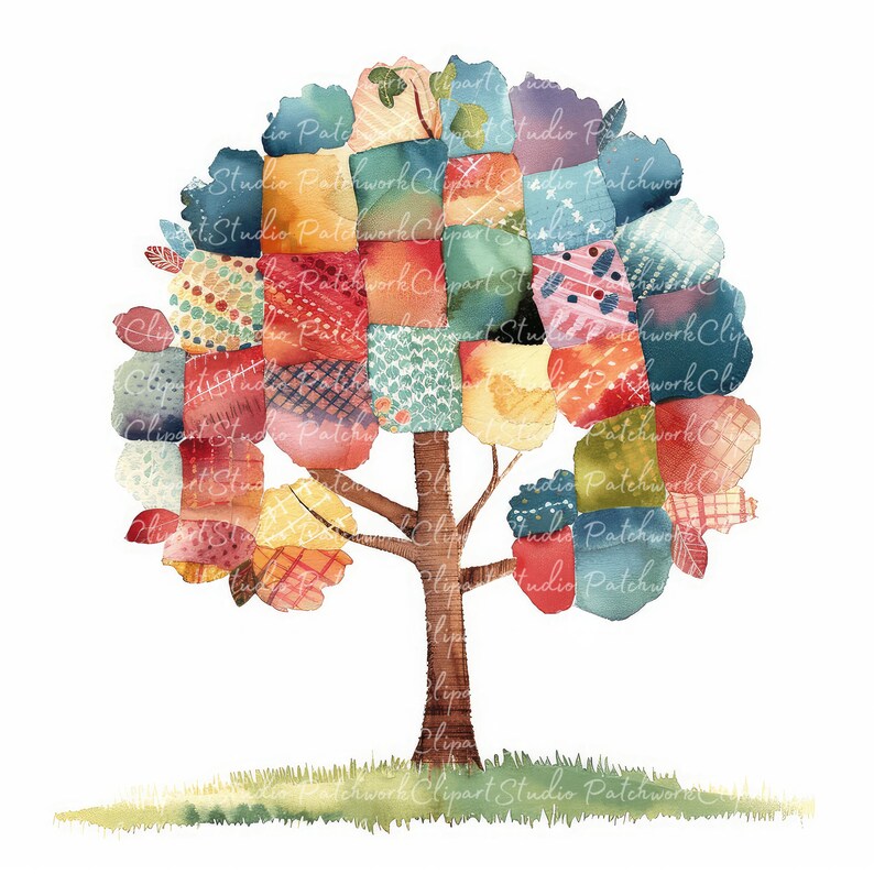 10 Trees Clipart Bundle, PNG & JPG, Printable Patchwork Tree ...