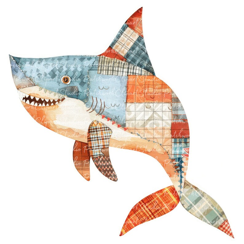10 Sharks Clipart Bundle, Printable Patchwork Shark, Quilted Fabric ...