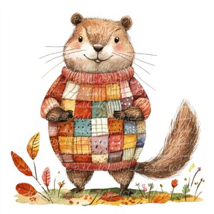 10 Autumn Beaver Clipart Bundle, PNG & JPG Printable Patchwork, Beaver ...