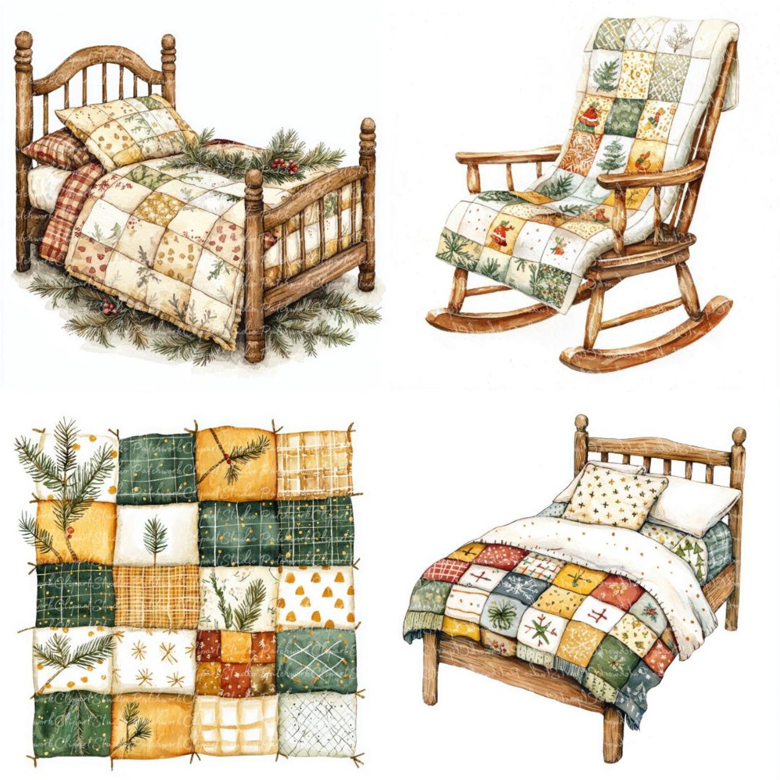 14 Golden Winter Blanket Clipart Bundle, PNG & JPG, Printable Patchwork ...