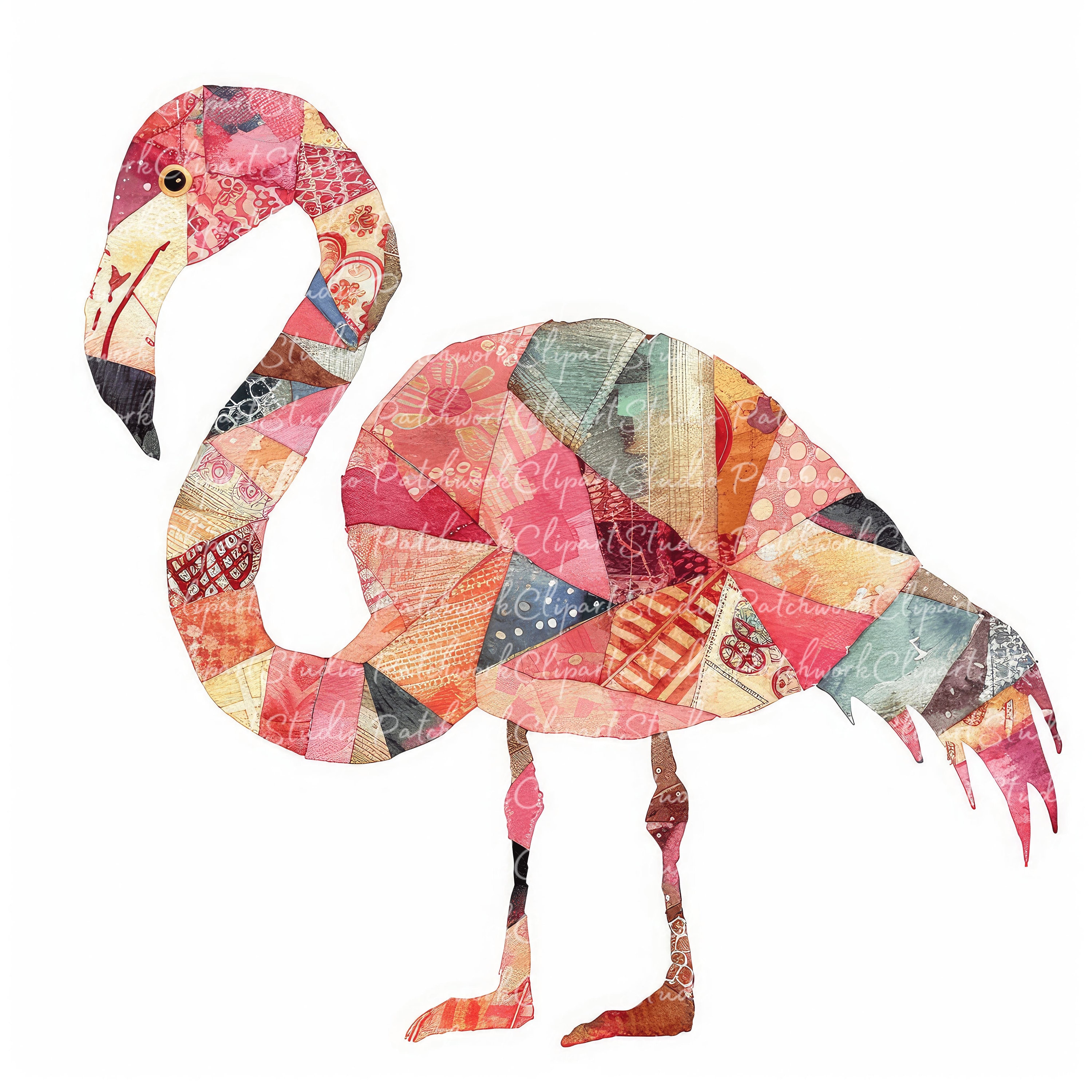 10 Flamingos Clipart Bundle, Printable Patchwork Flamingo, Quilted ...