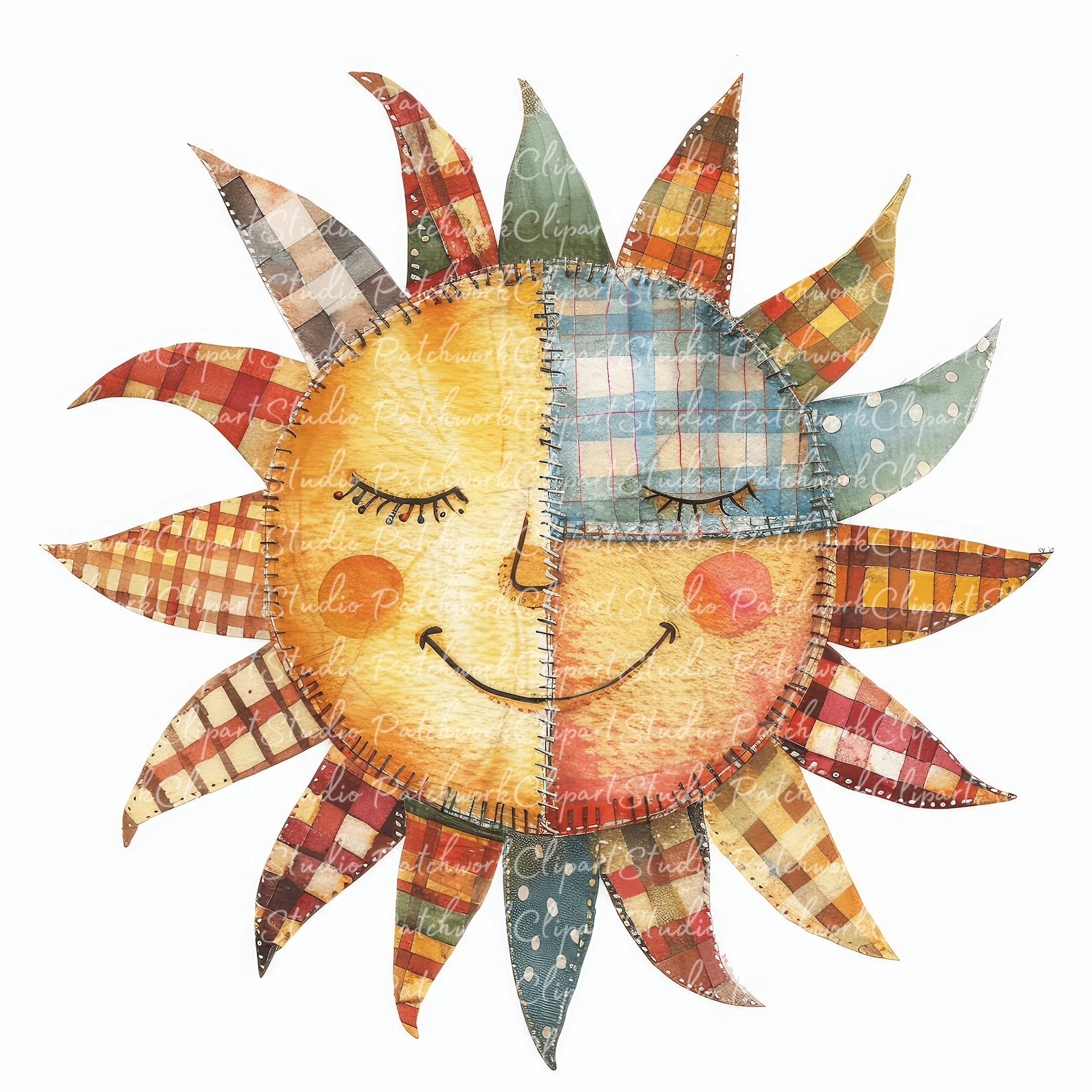 10 Sun Clipart Bundle, PNG & JPG, Printable Patchwork Suns, Smiling Sun ...