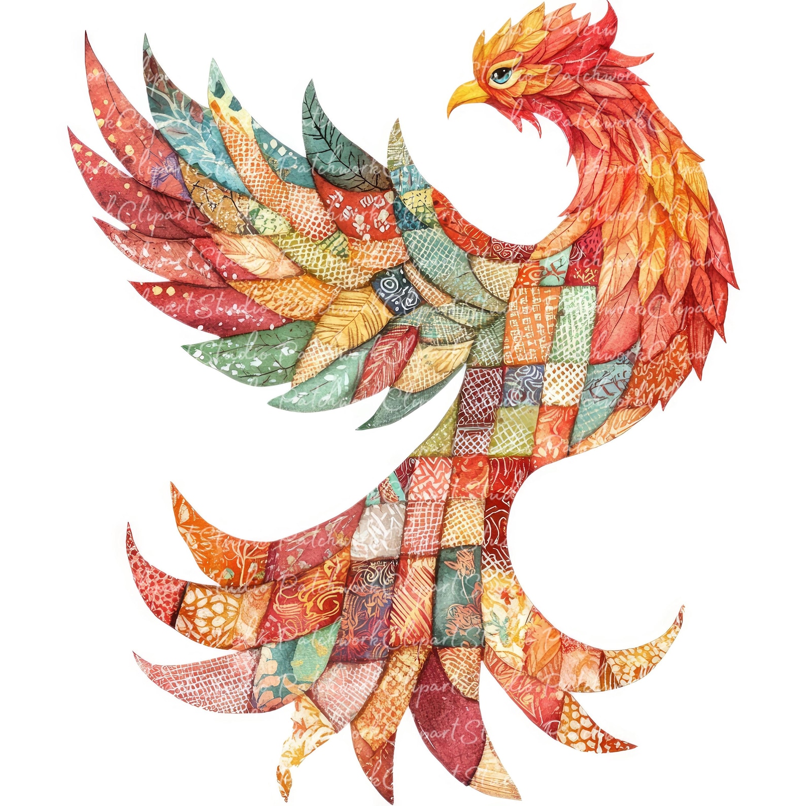 10 Phoenix Clipart Bundle, PNG & JPG, Printable Patchwork Bird, Illustrations, Digital Download ...