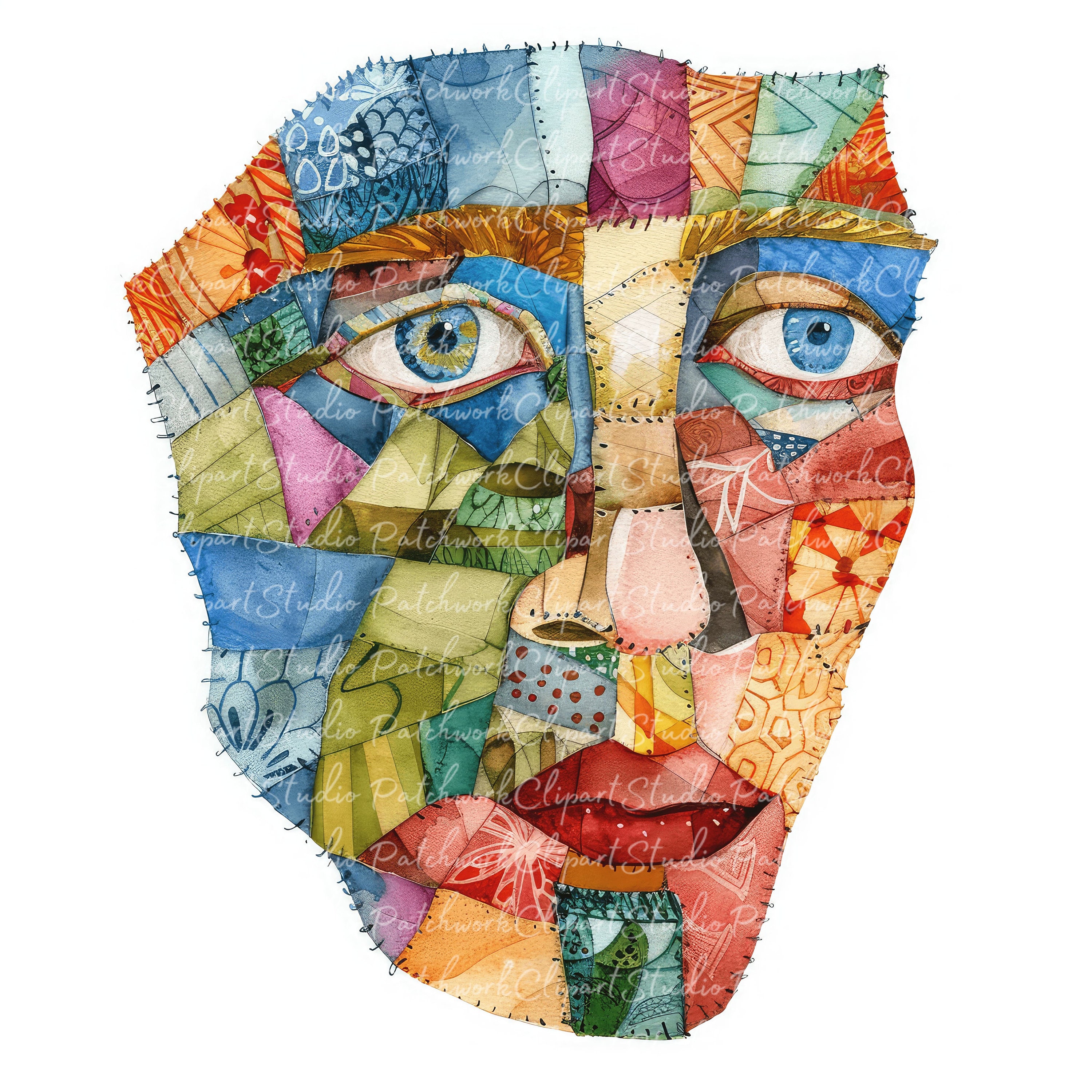 10 Faces Clipart Bundle, Printable Patchwork Face, Quilted Fabric ...