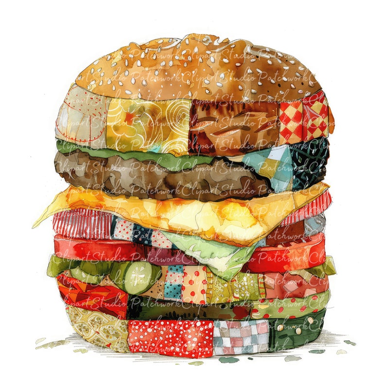 10 Hamburgers Clipart Bundle, PNG & JPG, Printable Patchwork Burger ...
